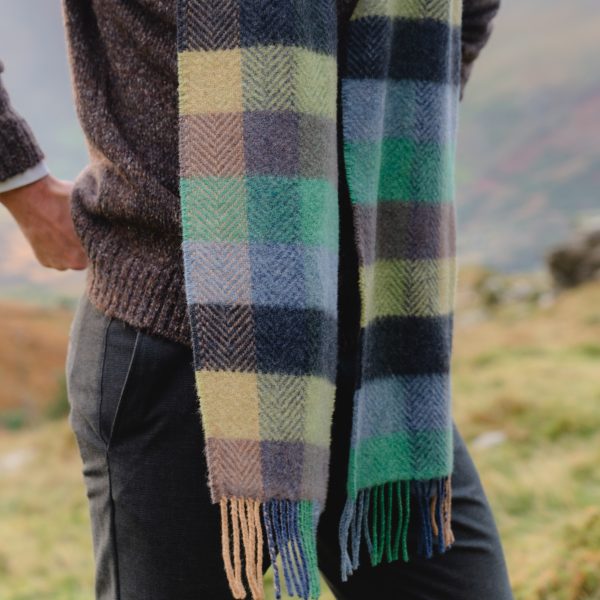 Irish Cashmere Merino Scarf Green Denim Charcoal Herringbone Block ...